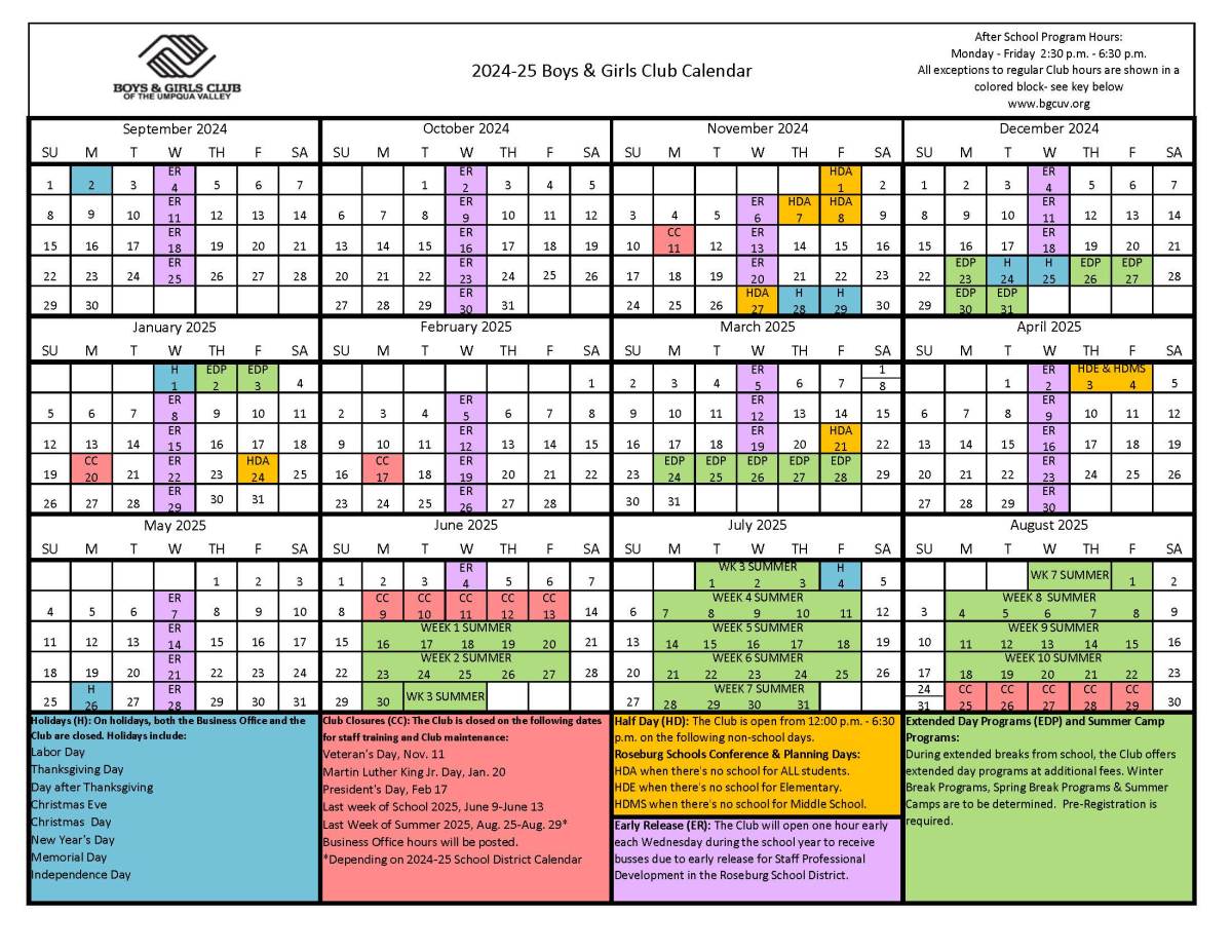Club Calendar – Boys & Girls Clubs of the Umpqua Valley